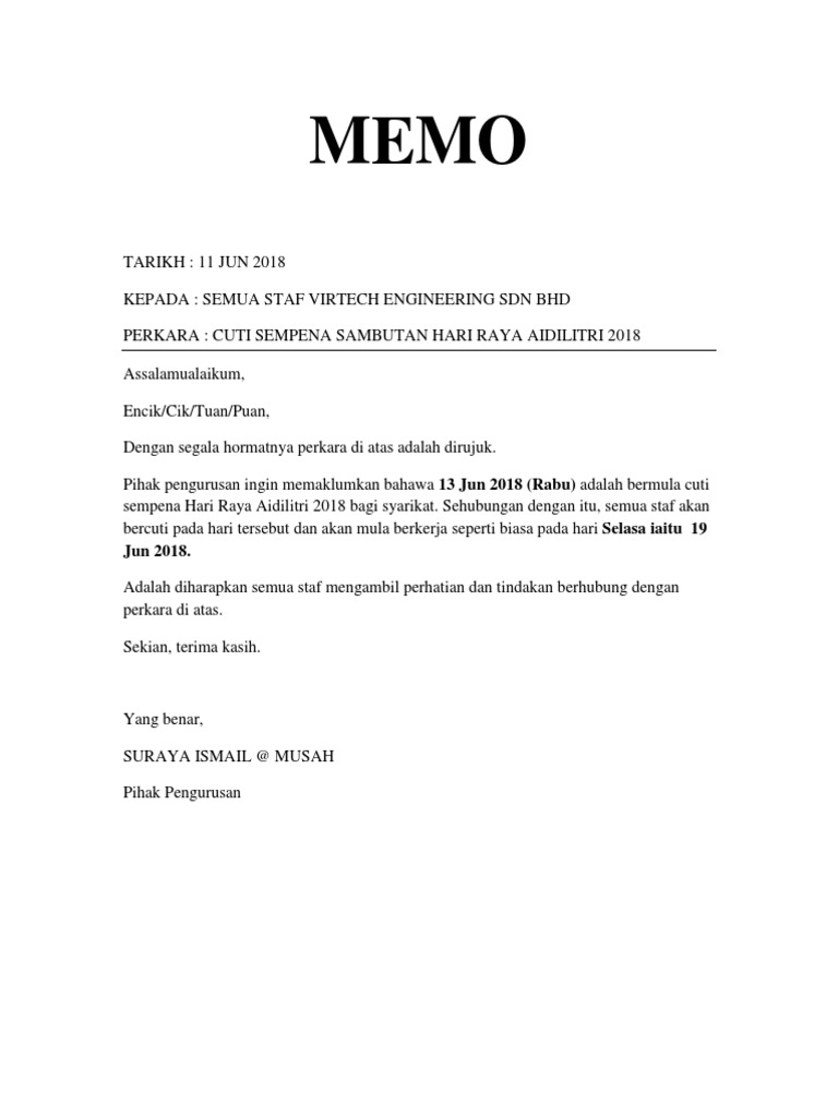 MEMO Cuti Raya | PDF