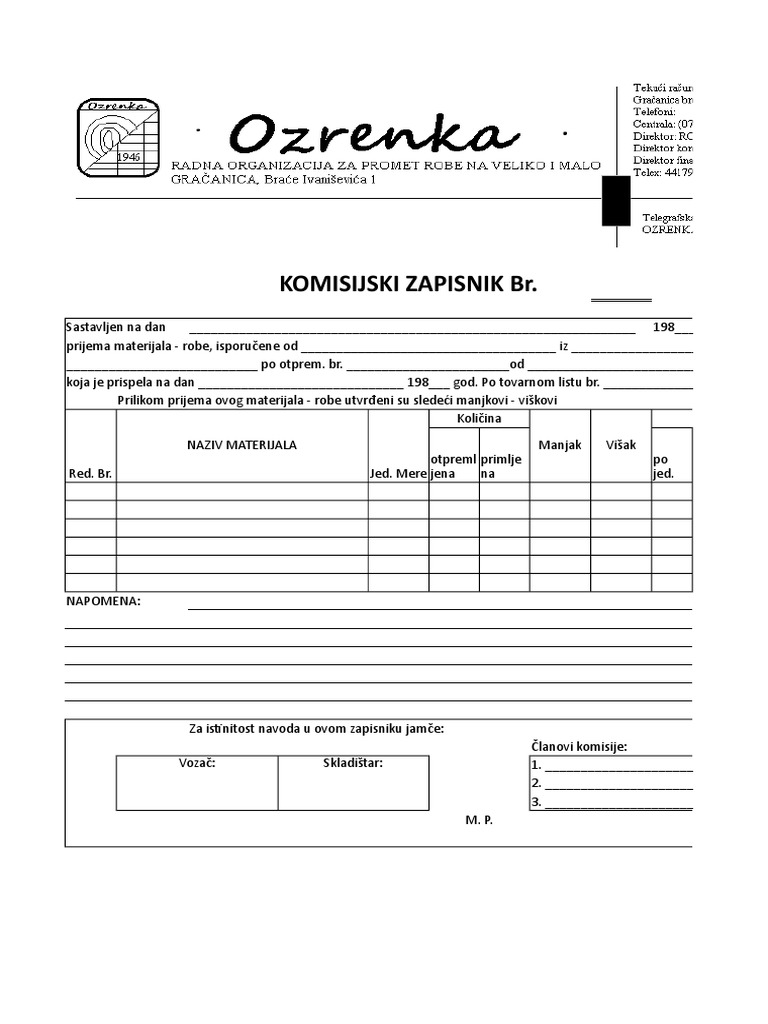 Komisijski Zapisnik Obrazac | PDF
