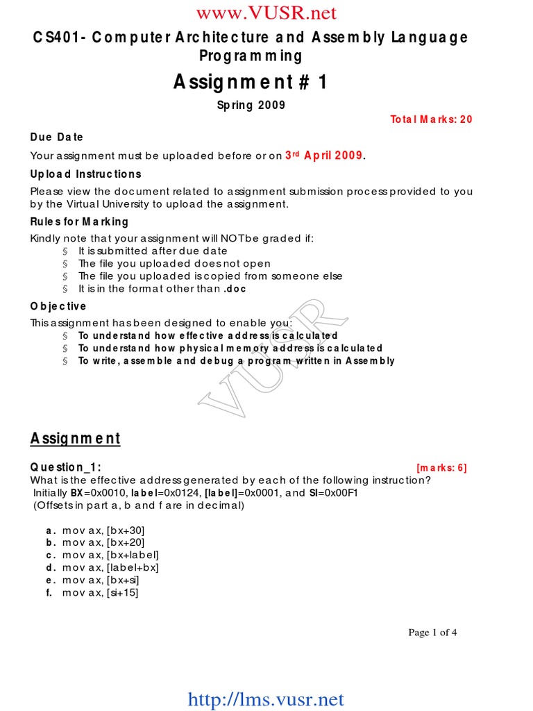 Computer Architecture and Assembly Language Programming - CS401 Spring ...
