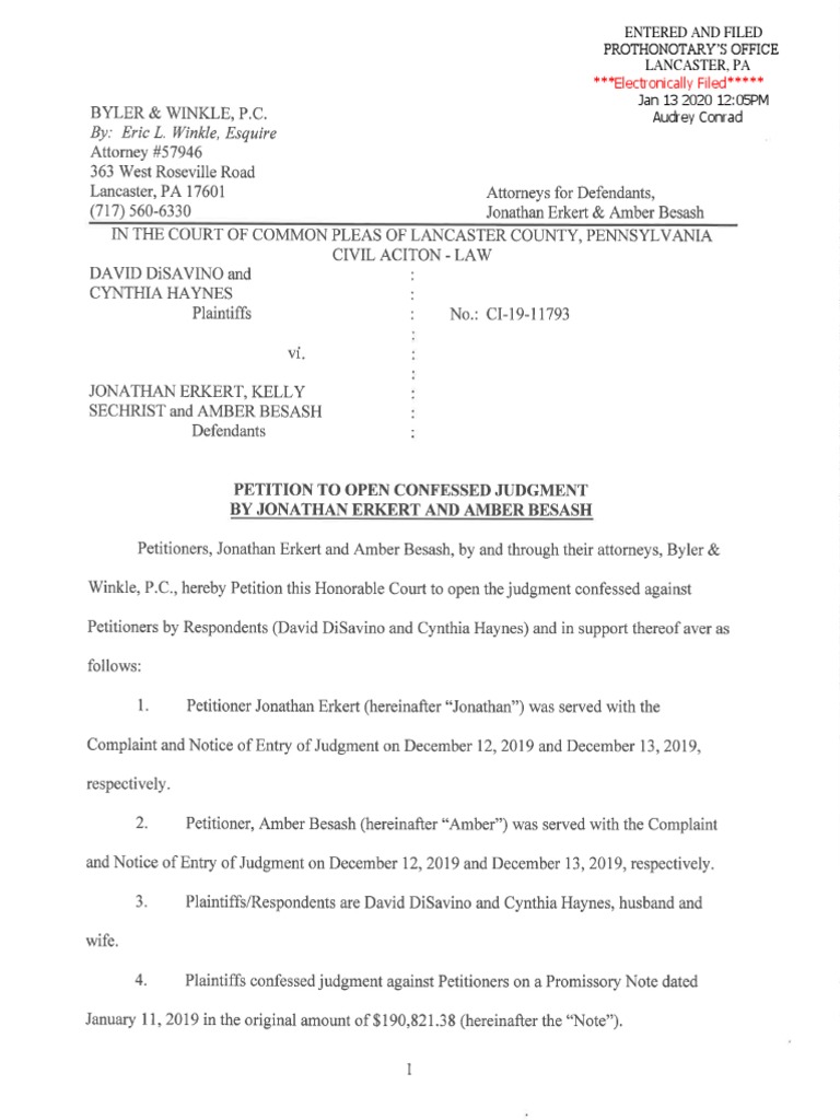 Petition To Open Confessed Judgement by Jonathan Erkert and Amber ...