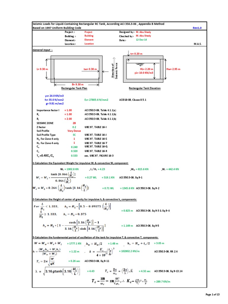 ACI 350 3 06 Appendix B Seismic Loads For Liquid Containing Rectangular ...