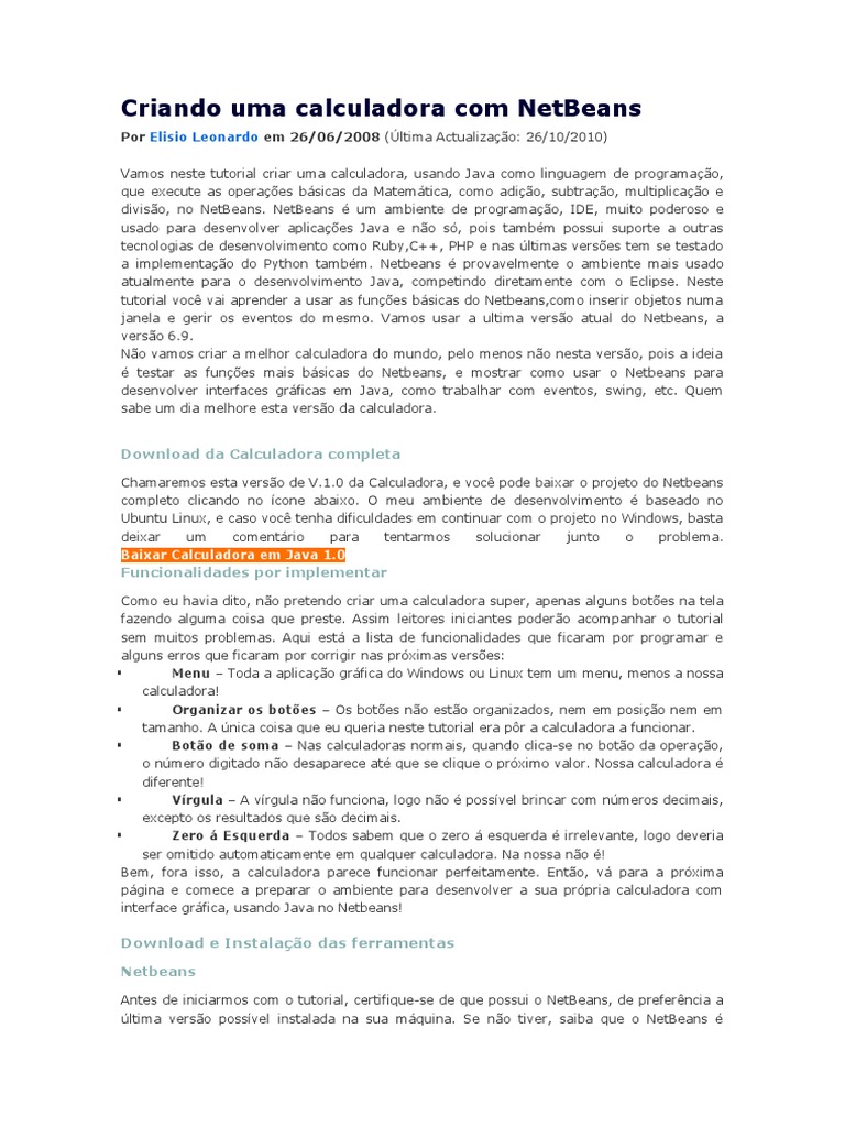 Criando Uma Calculadora Com NetBeans | Download grátis PDF ...