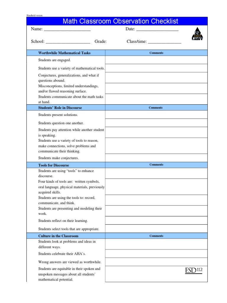 Math Classroom Observation Checklist | PDF | National Council Of ...