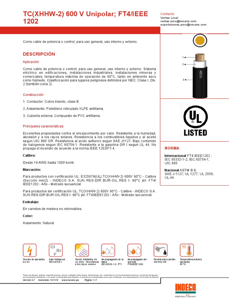 Ficha Tecnica XHHW-2 | PDF | Resistencia Eléctrica y Conductancia | Cobre
