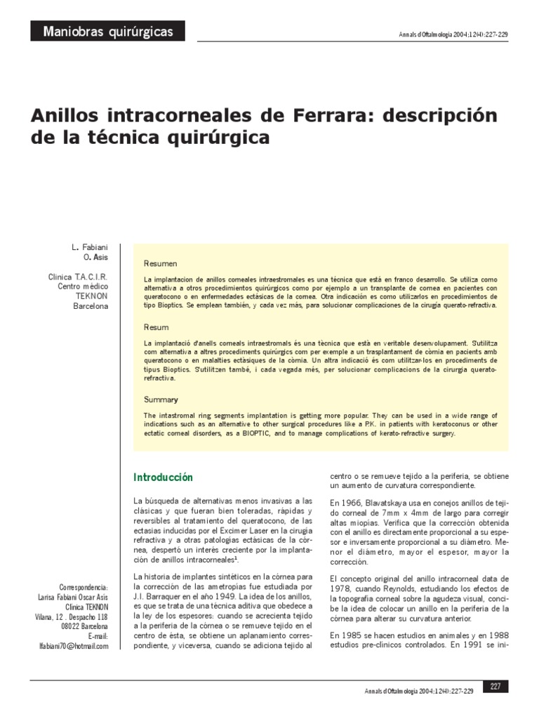 Anillos Intracorneales de Ferrara. Tecnica Quirurgica | PDF | Córnea ...