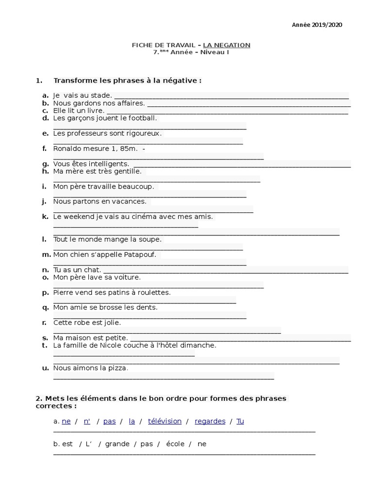 Fiche de travail sur la négation | PDF | Des sports | Loisirs
