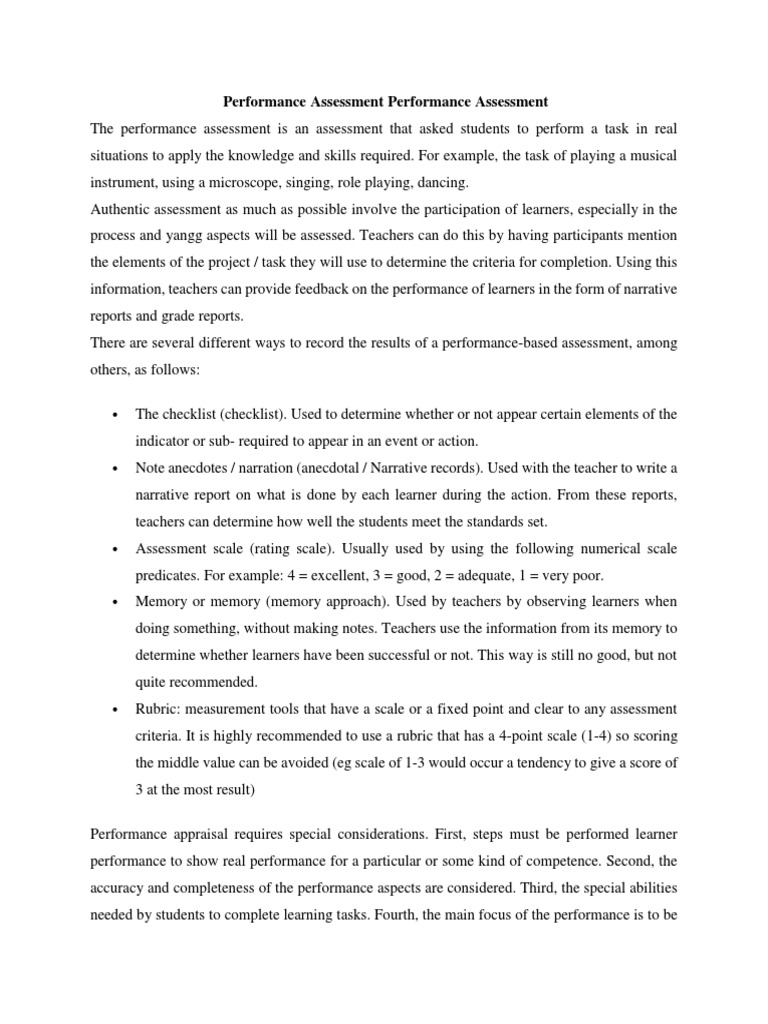 Performance Assessment Methods Explained | PDF | Educational Assessment | Rubric (Academic)