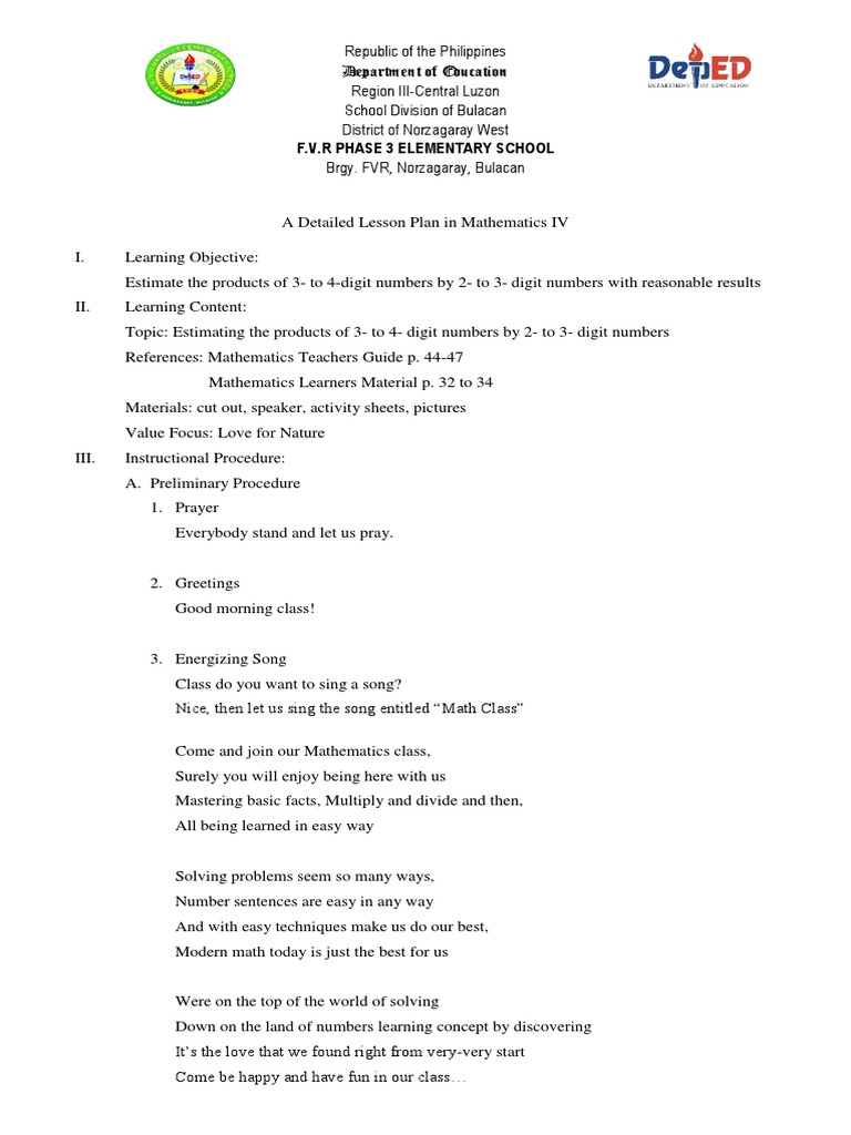 A Detailed Lesson Plan in Mathematics IV | PDF | Multiplication | Numbers
