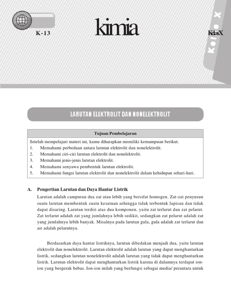 Kimia Kelas X LARUTAN ELEKTROLIT DAN NONELEKTROLIT K-13 A. Pengertian ...