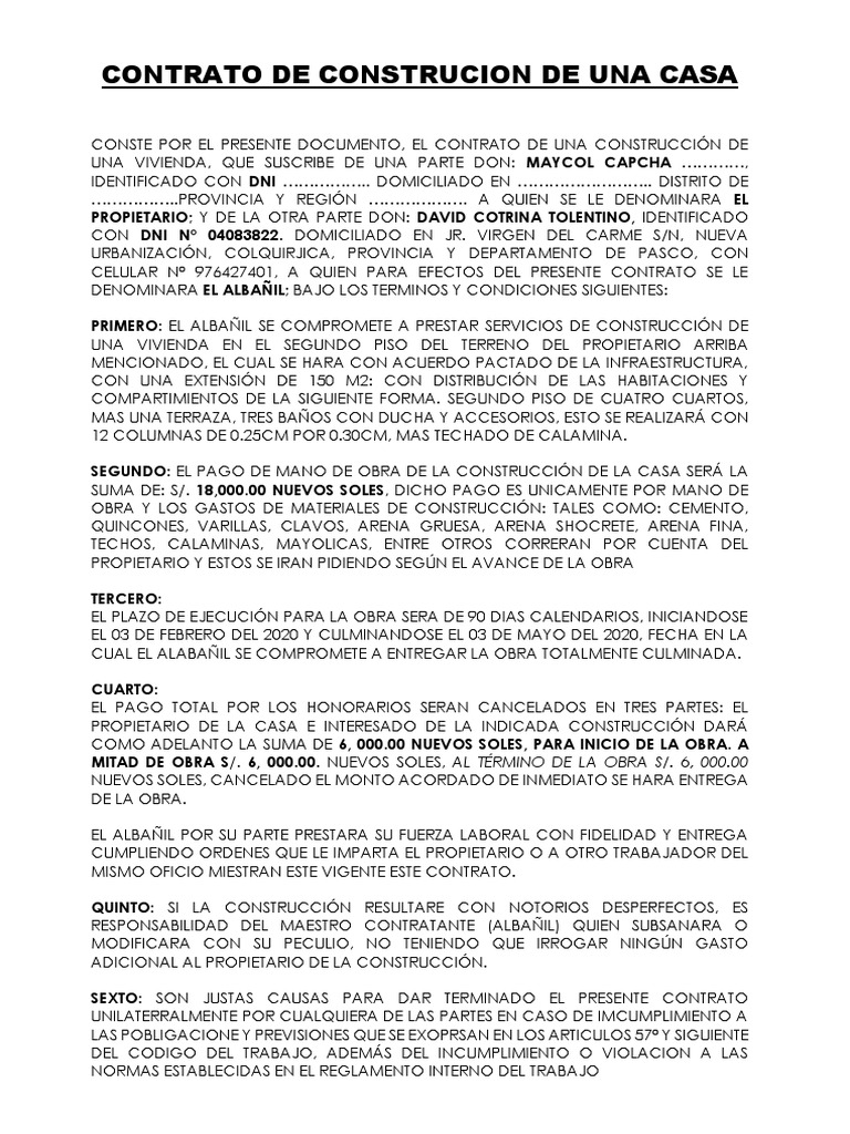 Contrato de Construcion de Una Casa Contrato Construccion de Casa | PDF ...