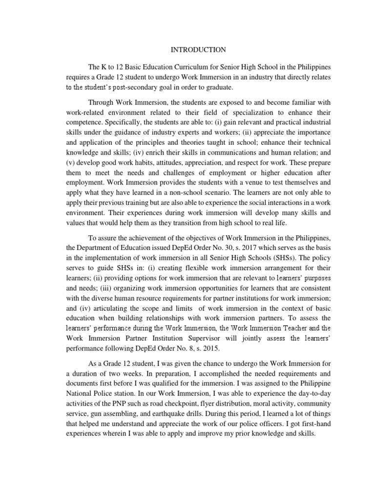 Work Immersion Reflection | PDF | Learning | Employment