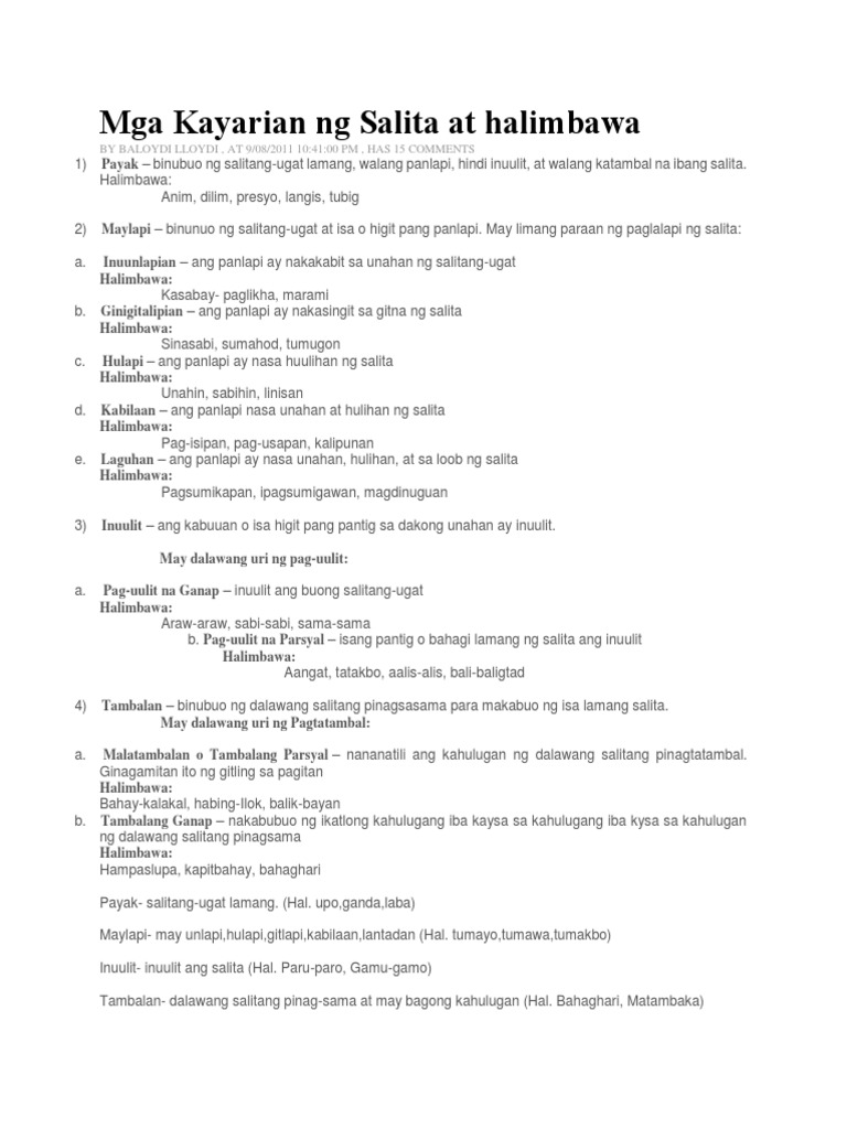 Mga Kayarian NG Salita at Halimbawa | PDF