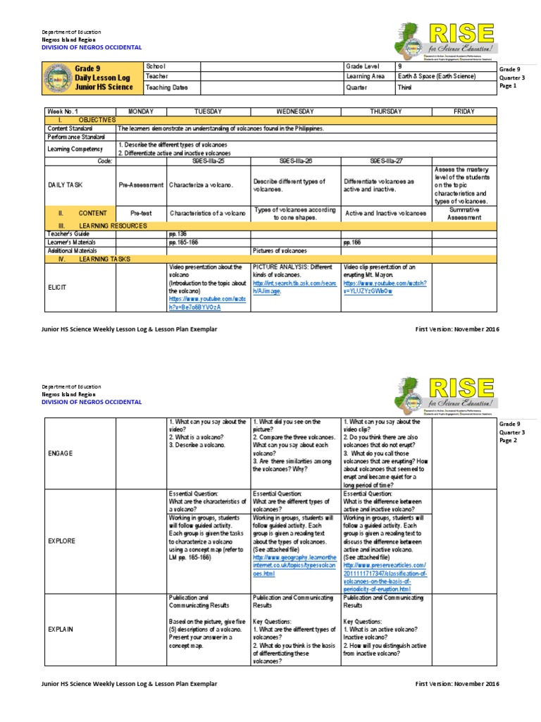 Grade 9 Volcanoes Lesson Plan | PDF | Volcano | Lava