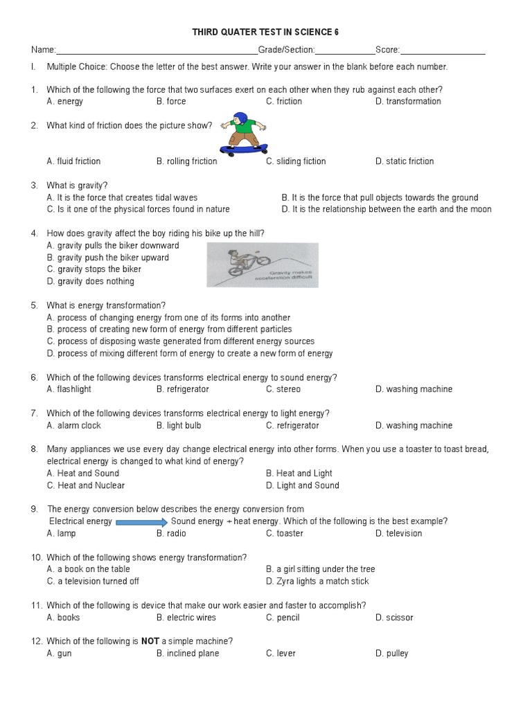 Science 6 Third Periodical Test | PDF | Friction | Force