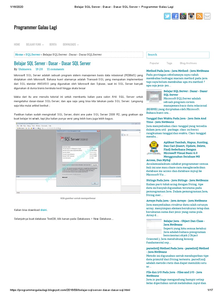 Belajar SQL Server - Dasar - Dasar SQL Server - Programmer Galau Lagi | PDF