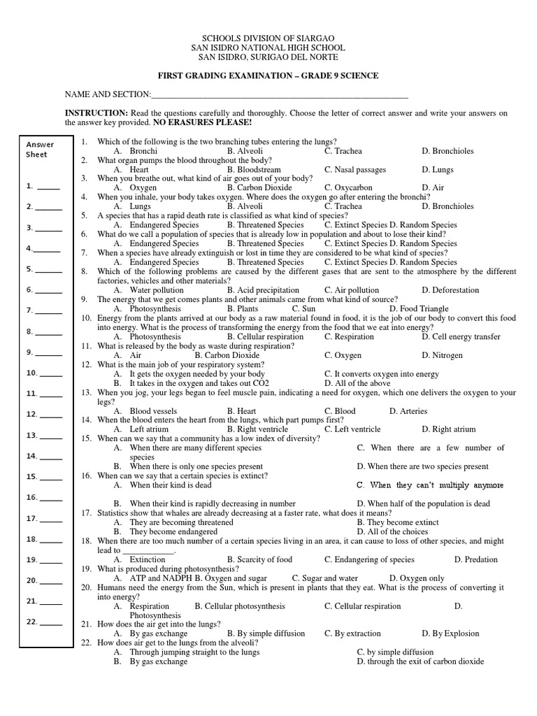 Grade 9 Science Quarter 1 | PDF | Lung | Photosynthesis