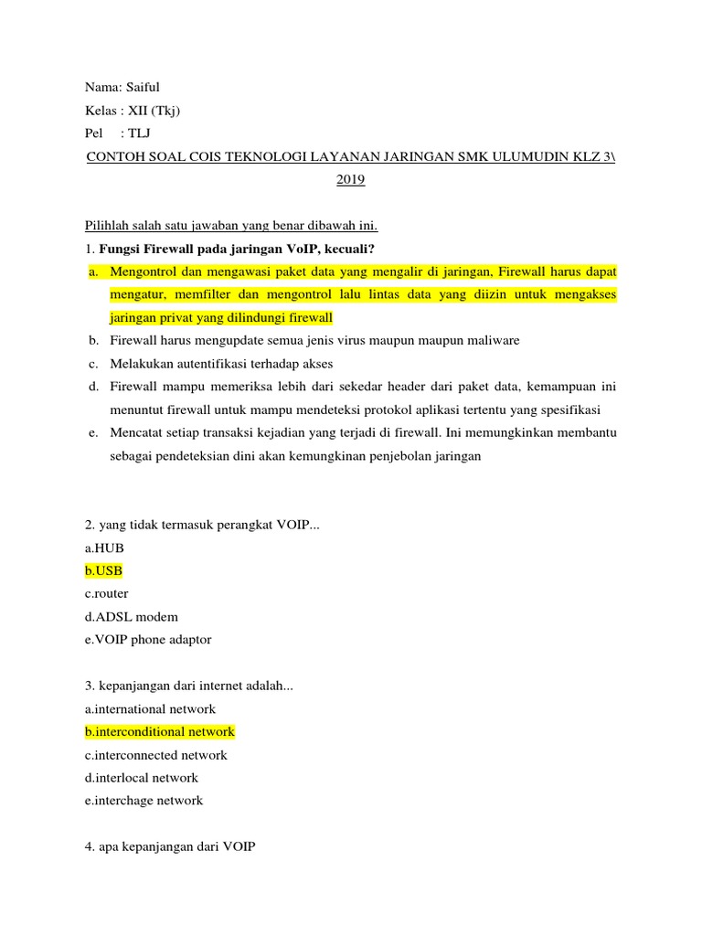 KISI KISI SOAL UJIAN SEMESTER 1 TLJ KLZ 3 SMK ULUMUDDIN, Juanda | PDF