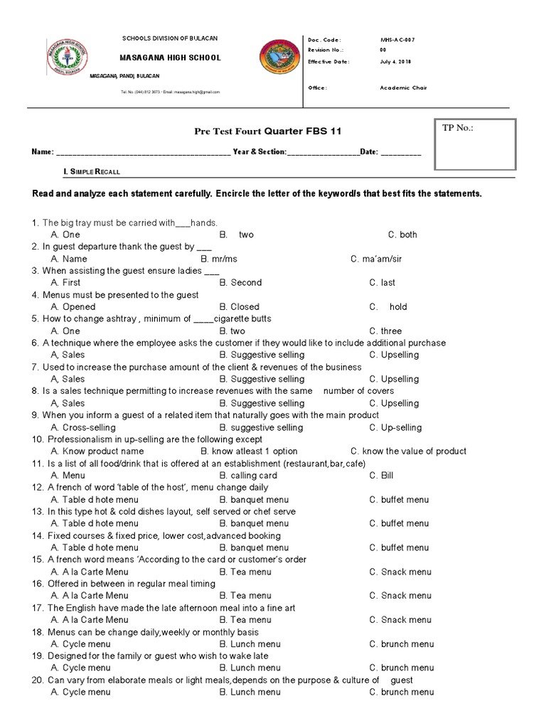 FBS 11 Pre-Test 4th Quarter Exam | PDF | Menu | Allergy