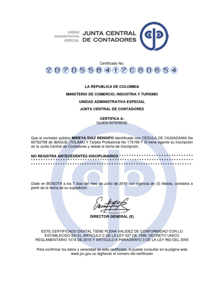 Certificado de Junta Central de Contadores de Mireya | PDF