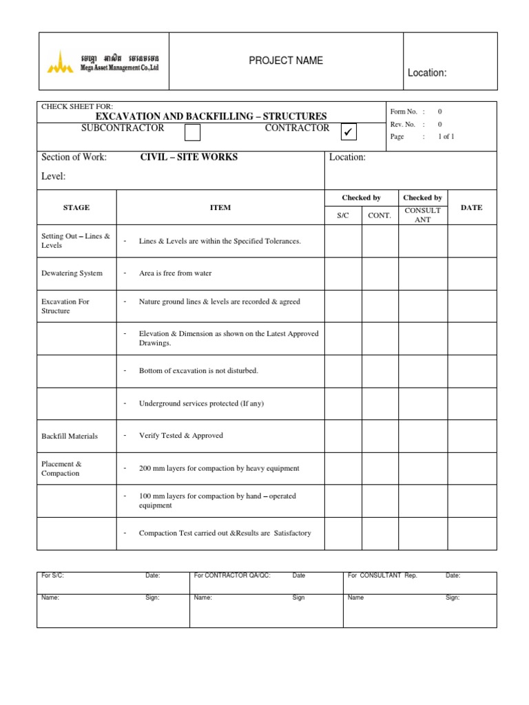 Checklist For Excavation and Backfilling of Structures | PDF