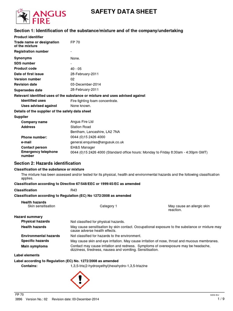 Foam Protein (FP-70) MSDS by Angus Fire | PDF | Personal Protective ...