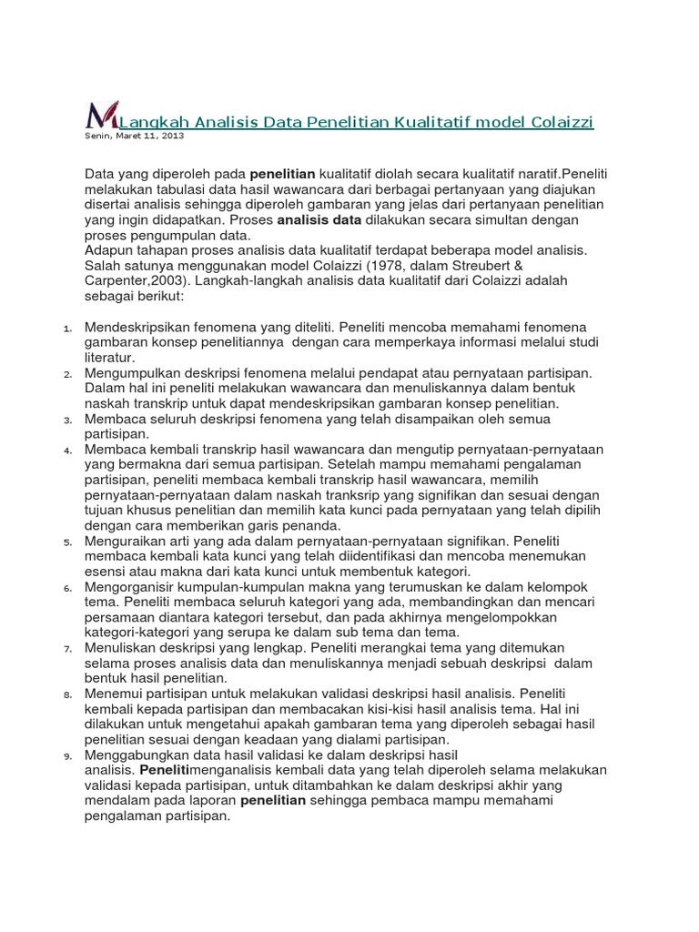 Langkah Analisis Data Penelitian Kualitatif Model Colaizzi | PDF