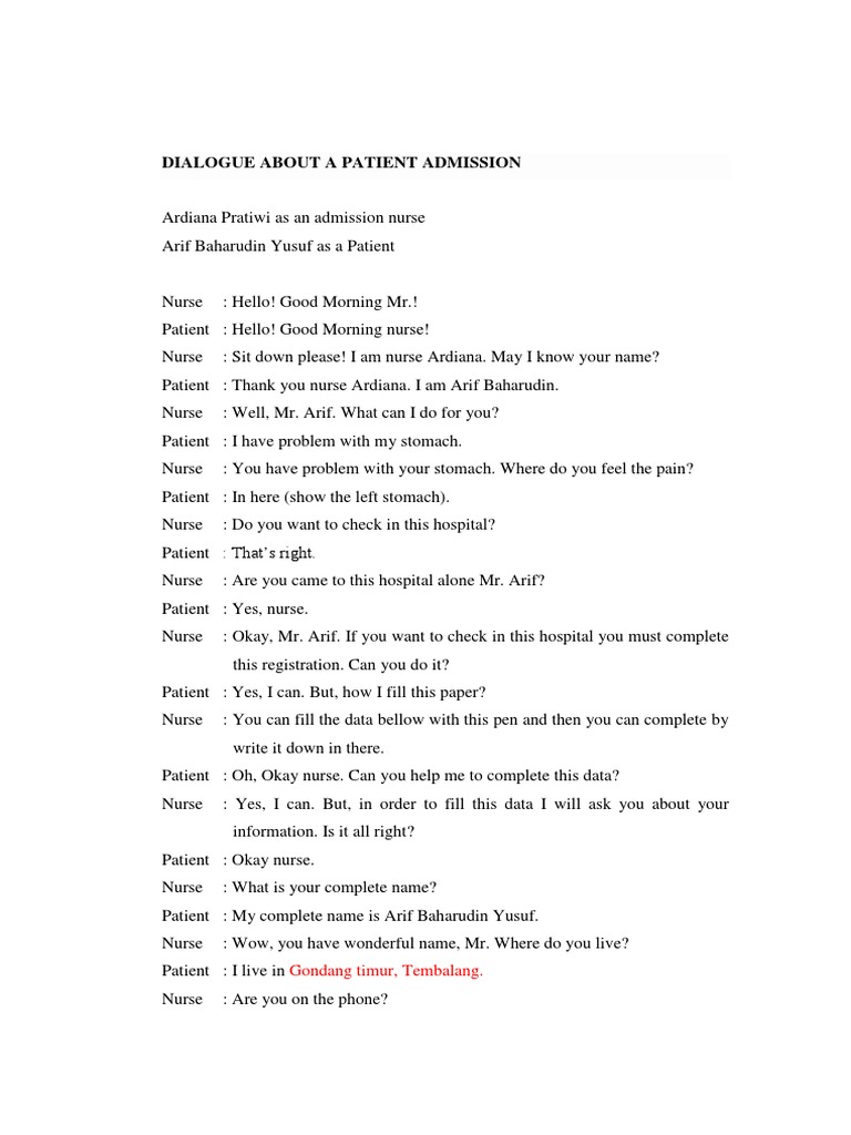 Dialogue About A Patient Admission | PDF | Health Sciences | Medicine