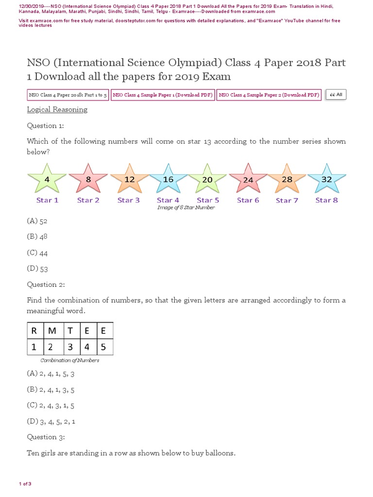 NSO Class 4 Paper 2018 Part 1 | PDF | Languages Of India