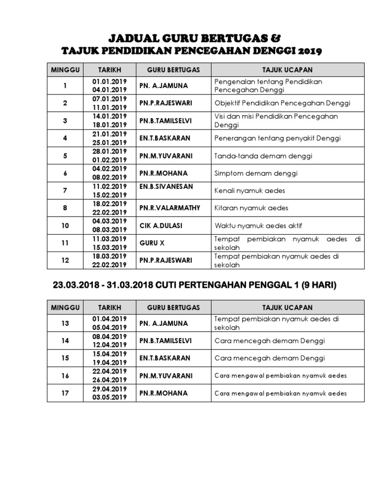 Jadual Guru Bertugas Program Bebas Denggi 2019 1 | PDF
