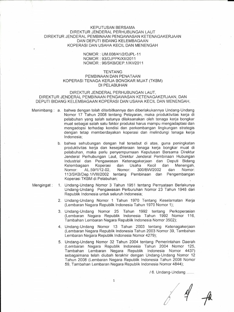 SKB 2 Dirjen 1 Deputi Tentang Pembinaan Dan Penataan Koperasi TKBM Di Pelabuhan PDF | PDF