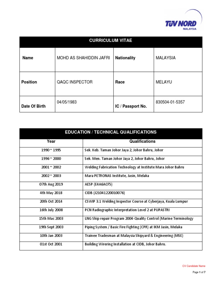 TUV CV Format | PDF | Nature