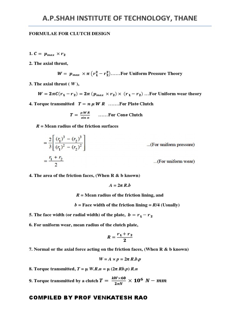 Clutch Design Formulas | PDF | Clutch | Friction