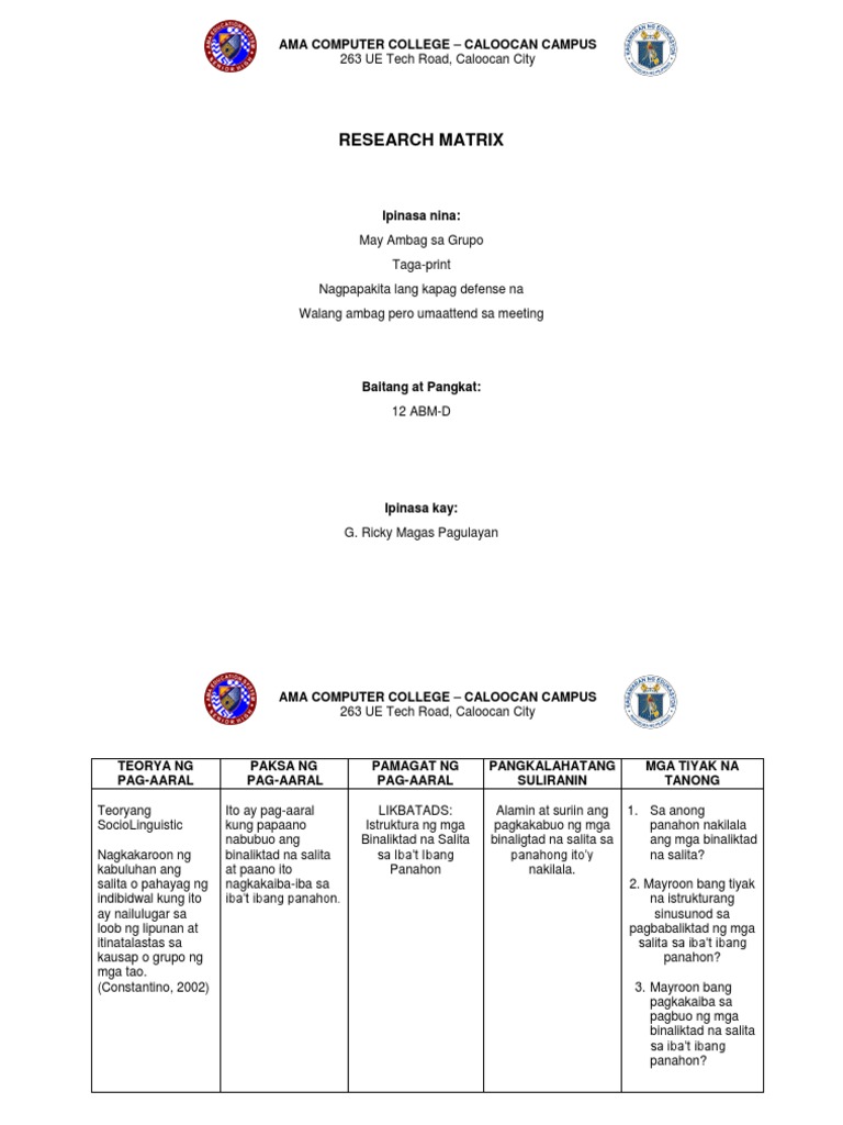 Research Matrix Filipino | PDF
