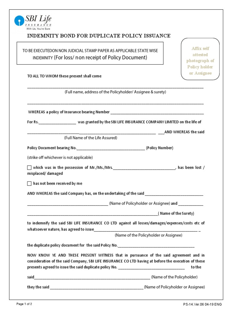 Indemnity Bond For Duplicate Policy Issuance English | PDF | Indemnity | Insurance