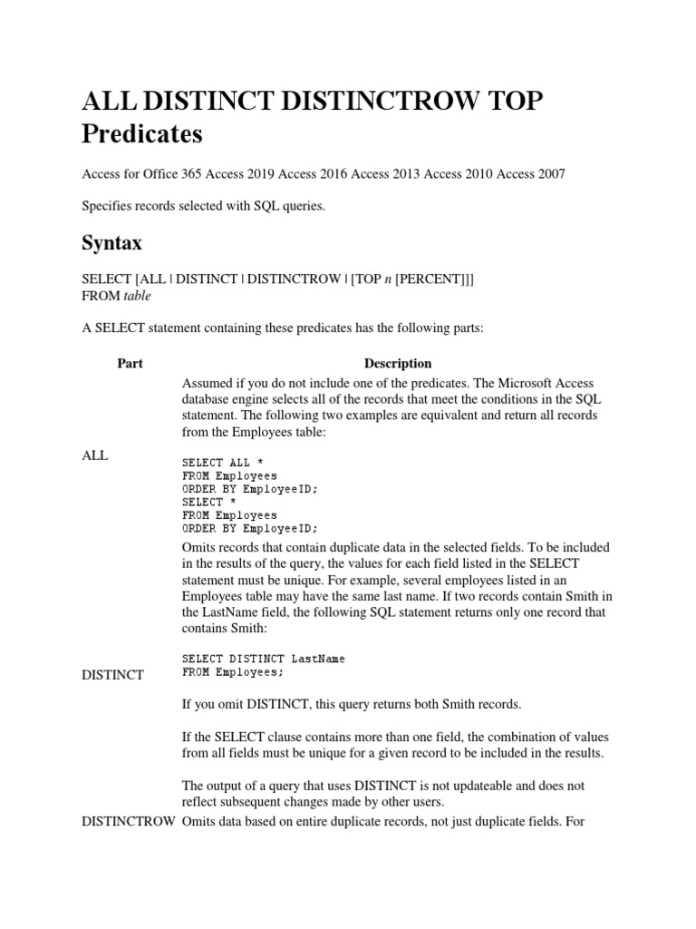 SQL Predicates in Access Guide | PDF | Data | Databases