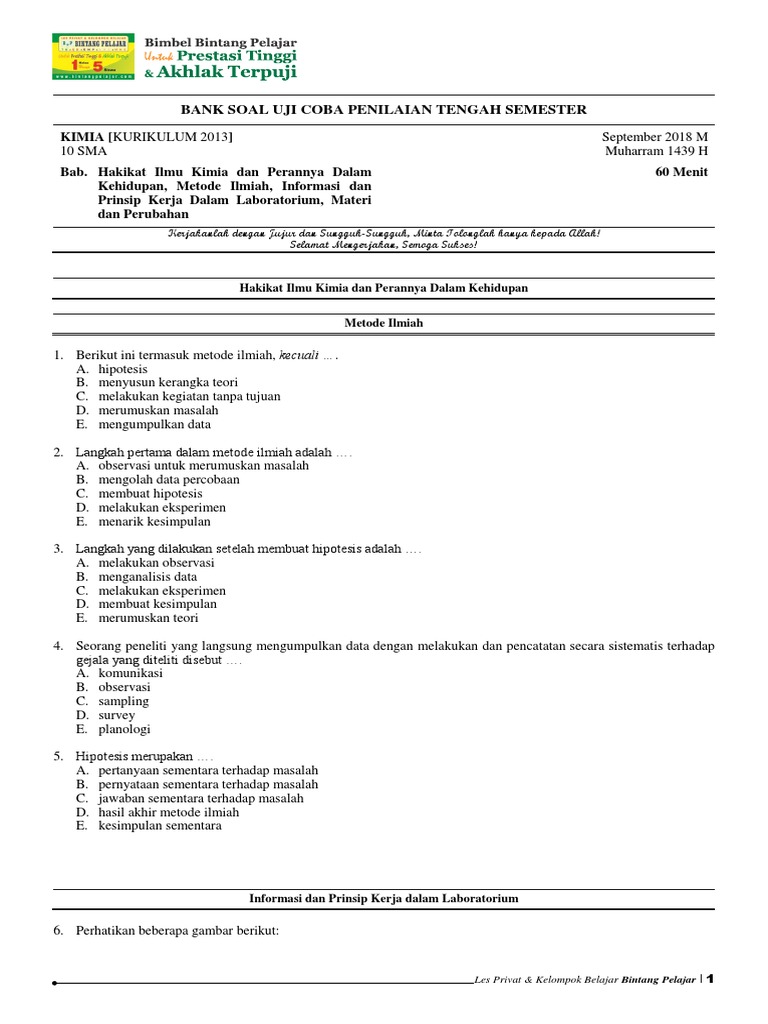 Bank Soal UJI COBA PTS - Kimia 10 SMA KURTILAS (Hakikat Ilmu Kimia, Peran, Metode Ilmiah ...