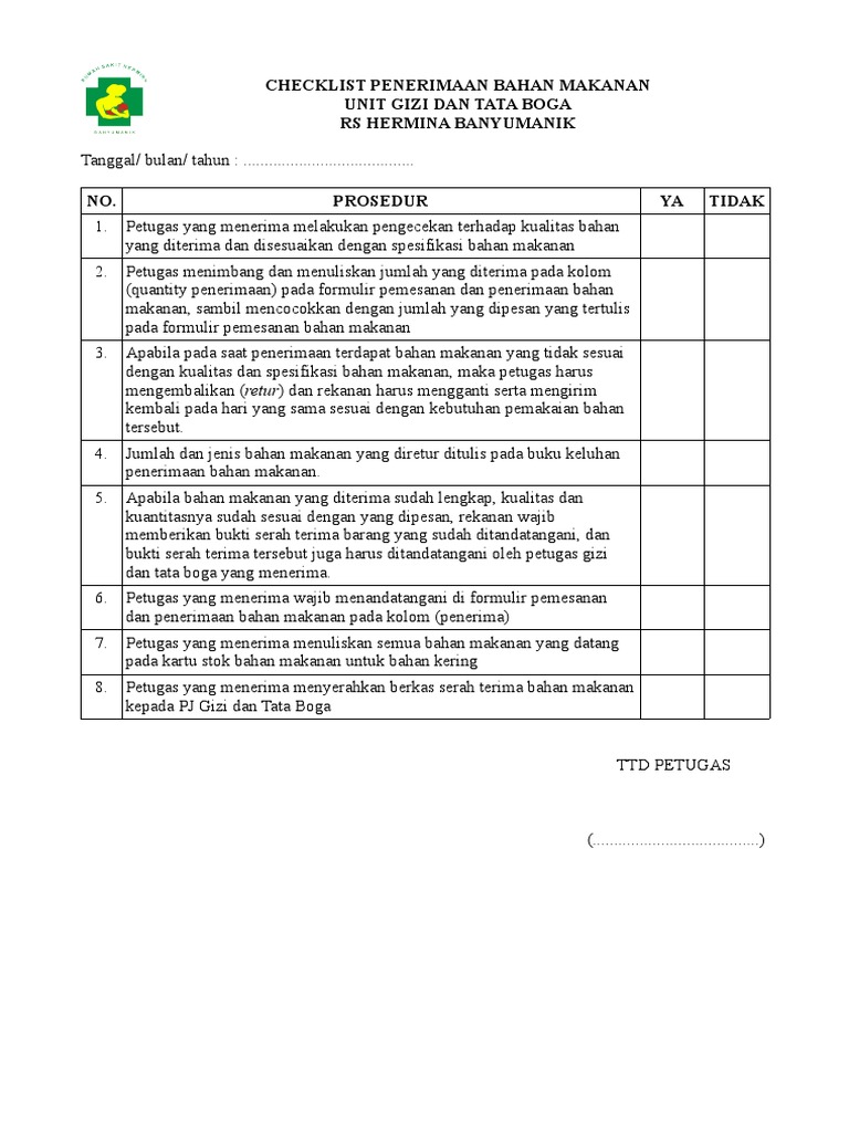 Checklist Penerimaan Bahan Makanan | PDF