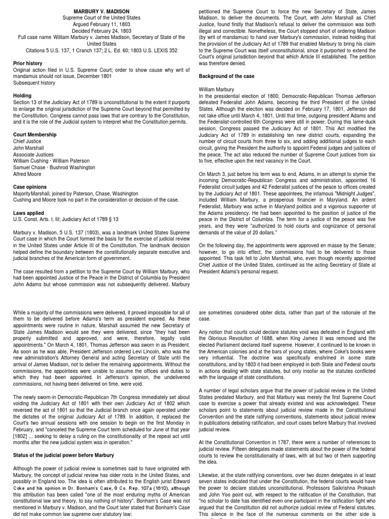 Establishing the Power of Judicial Review: Marbury v. Madison | PDF ...