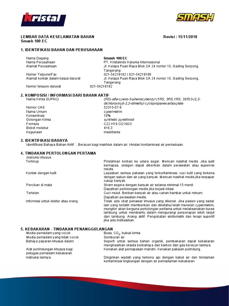 MSDS Smash 100 EC (Bahasa) - Rev Nov 2018 | PDF