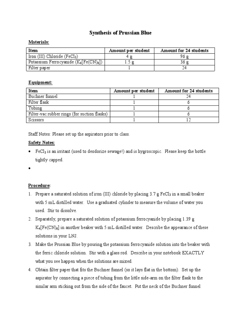 Prussian Blue Synthesis Procedure | PDF | Iron | Solution