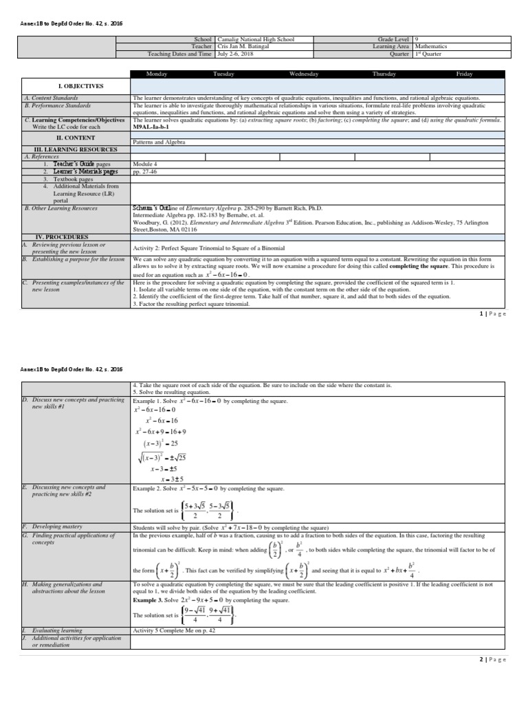 DLL Grade 9 Math Q1 Week 5 | PDF | Quadratic Equation | Equations