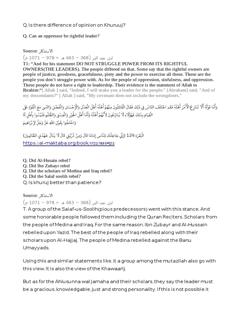 Issues On Khuruj Against An Oppressive Ruler | PDF | Sharia | Islamic ...