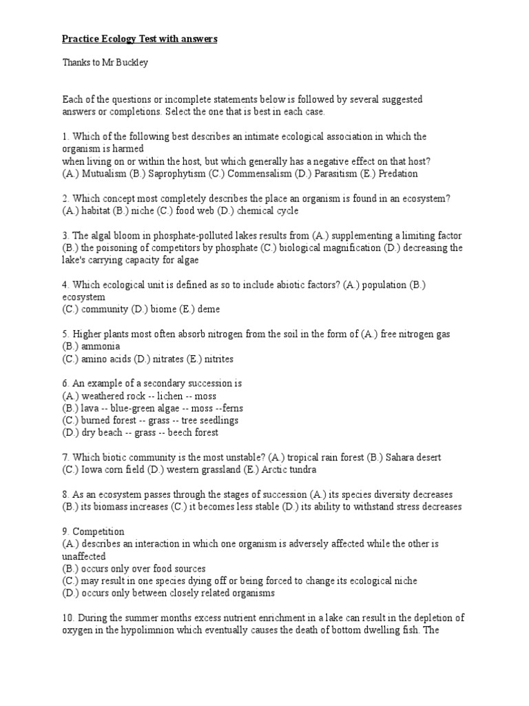 Ecology Test Buckley | PDF | Ecological Niche | Ecology