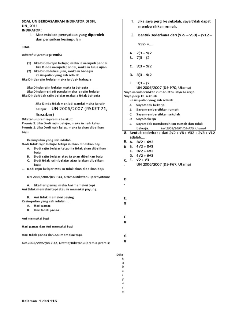 Soal Un Berdasar Indikator Di SKL Un | PDF