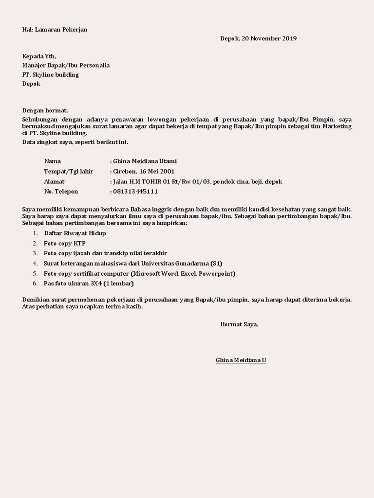 CV Dan Surat Lamaran Pekerjaan Ghina Meidiana Utami | PDF