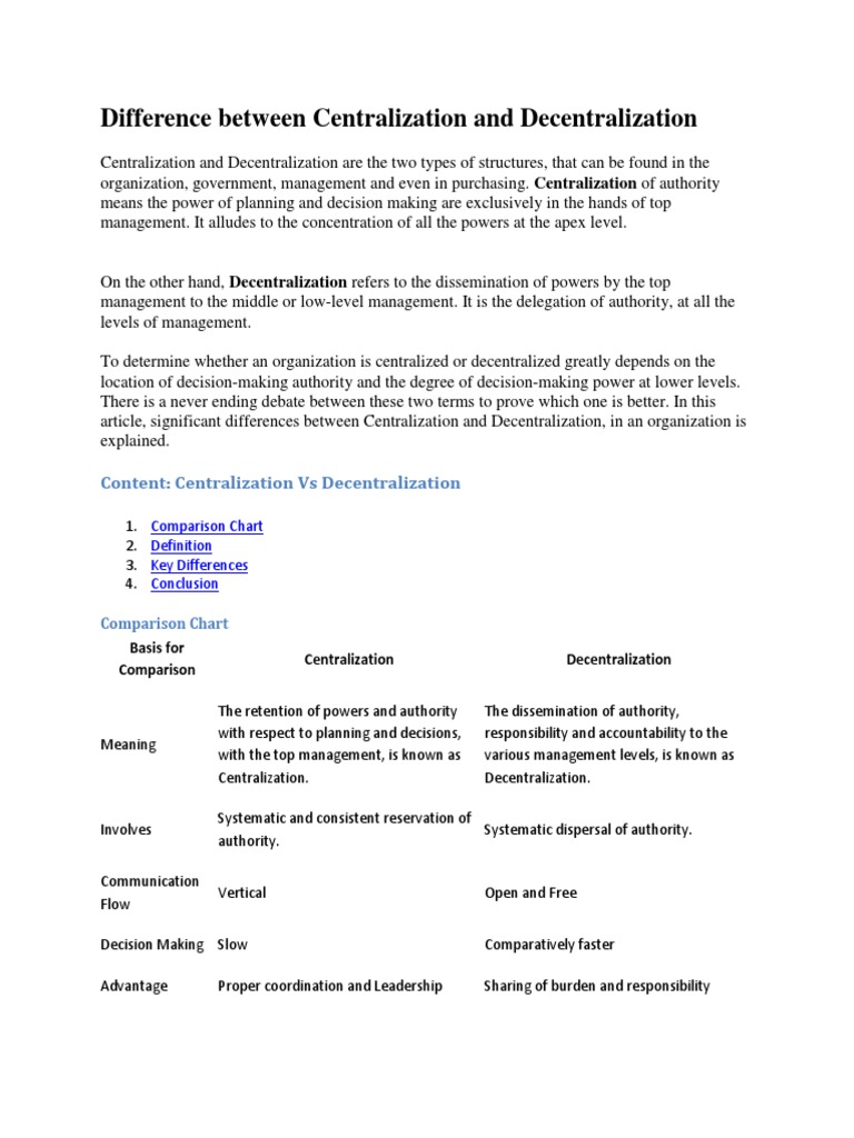 Centralization Vs Decentralization | PDF | Decentralization | Decision Making