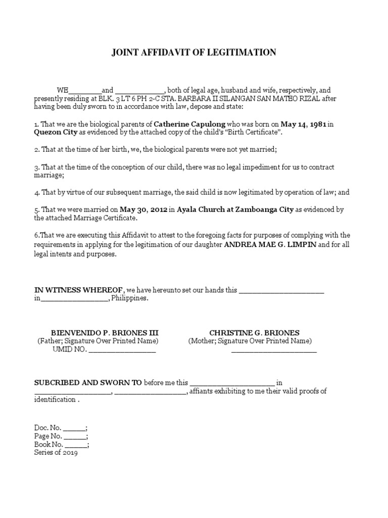 Joint Affidavit of Legitimacy | PDF | Affidavit | Marriage