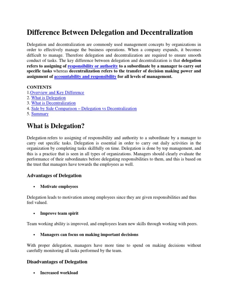 Difference Between Delegation And Decentralization Pdf Decentralization Organizational