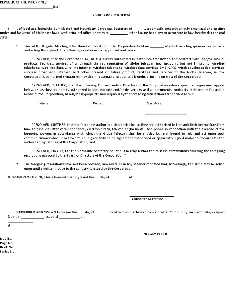 SECRETARY'S CERTIFICATE For Globe Internet Application | PDF | Board Of Directors ...