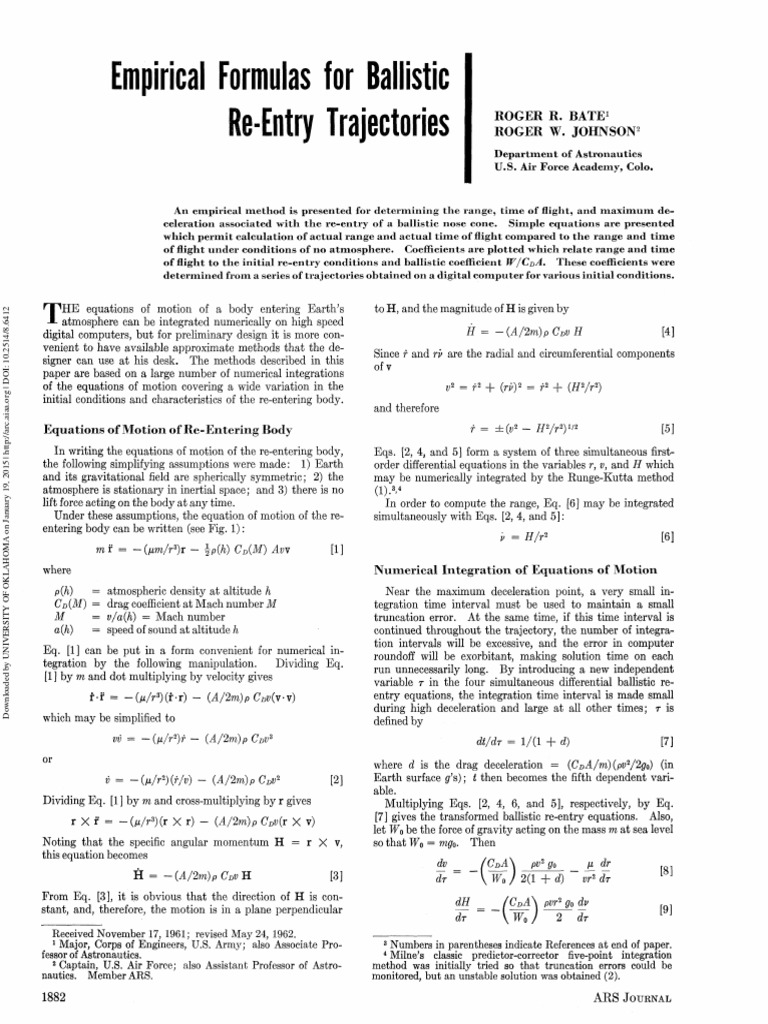 Empirical Formulas For Ballistic Re-Entry Trajectories | PDF ...
